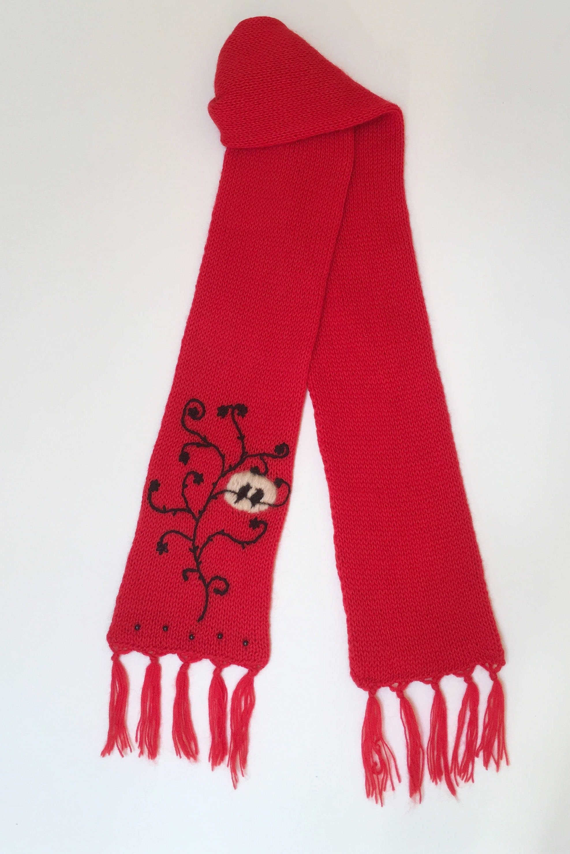 Women's Red Knit Scarf With Embroidered Vines and - Etsy