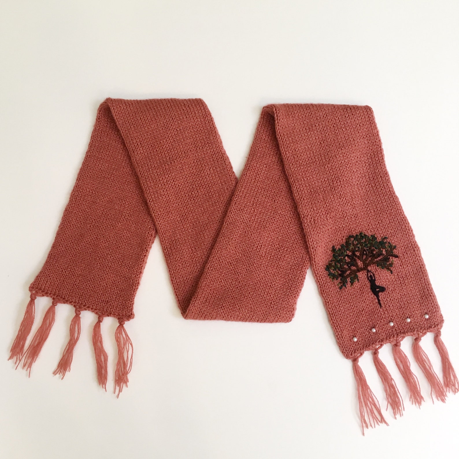 Woman's Tree of Life Yoga Scarf, Mohair Scarf, Dark Pink, Hand Knit ...