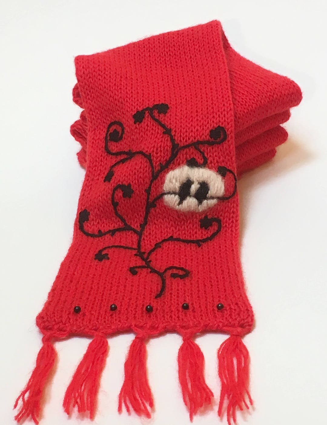 Women's Gothic Red Knit Scarf With Embroidered Vines and Lovebirds - Etsy