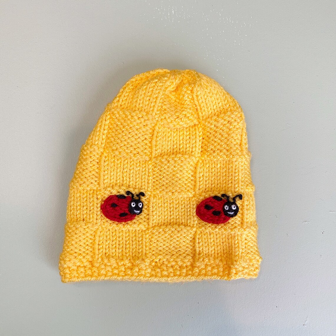 Baby Hat Yellow Knit, Kid Knit Hat With Embroidered Ladybug Basketweave ...