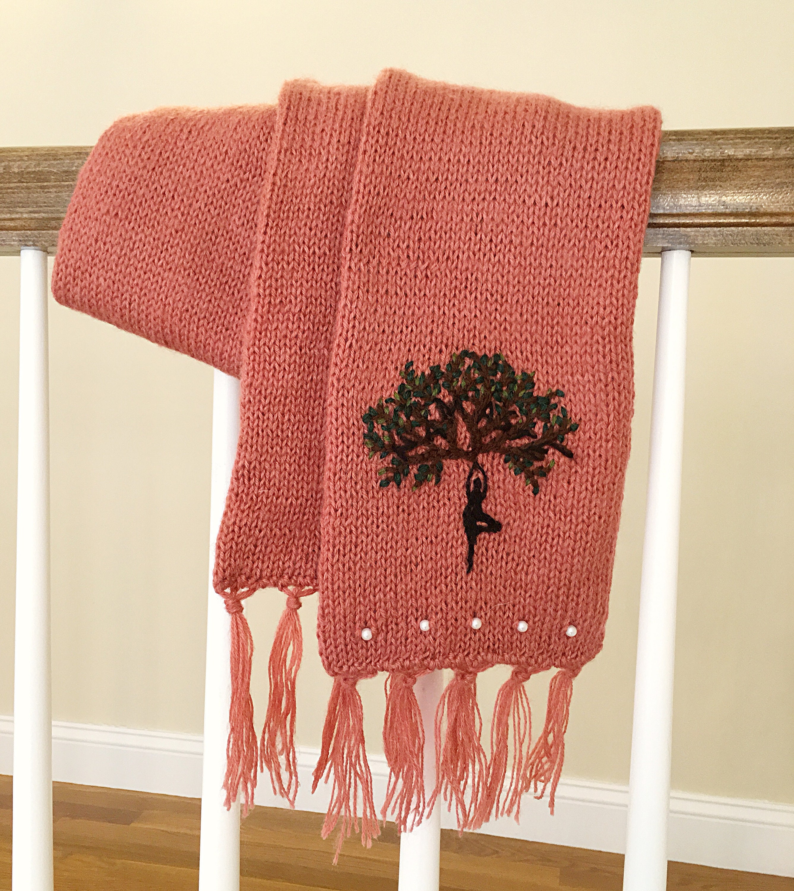 Woman's Tree of Life Yoga Scarf, Mohair Scarf, Dark Pink, Hand Knit ...