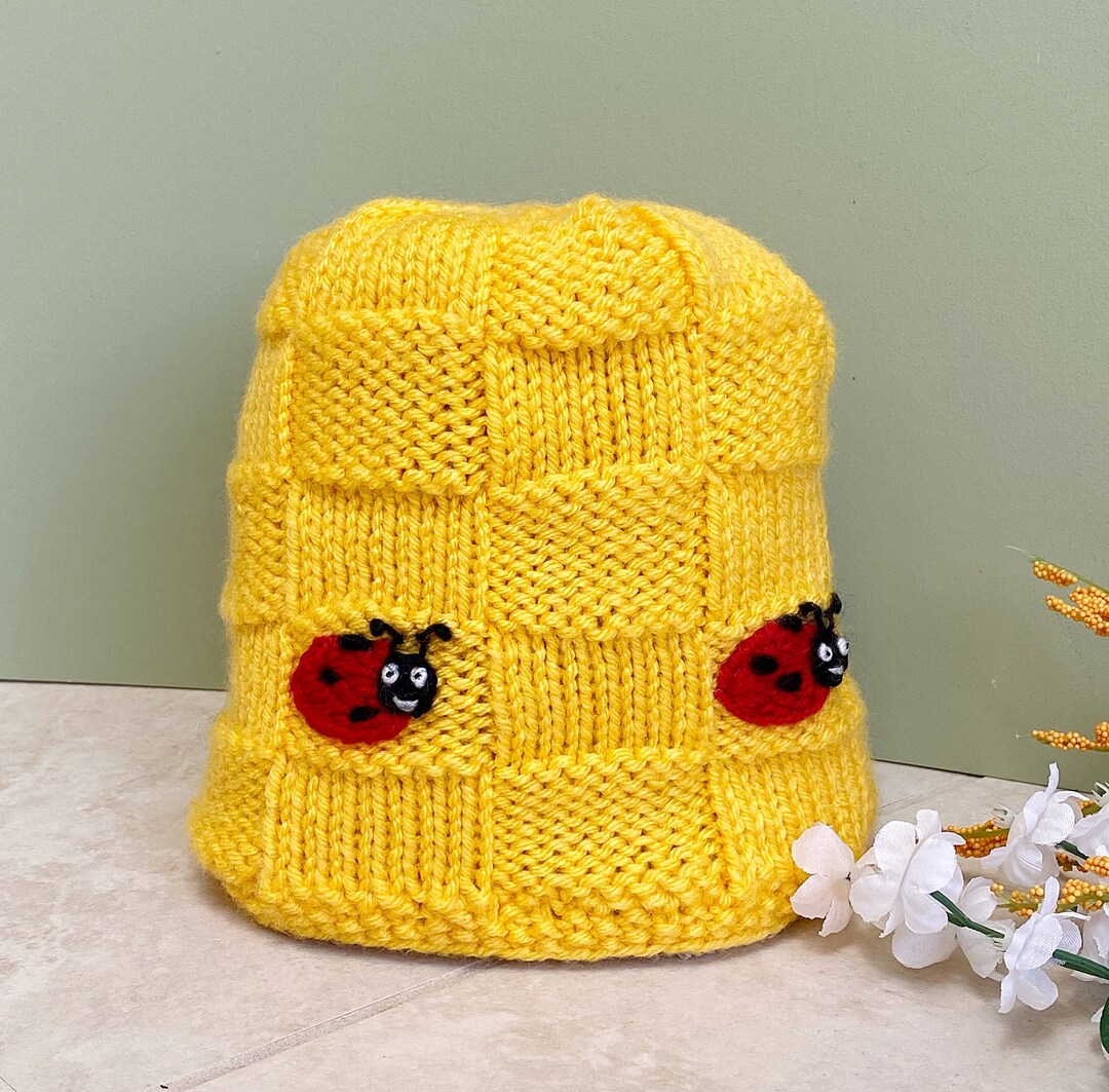 Baby Hat Yellow Knit, Kid Knit Hat With Embroidered Ladybug Basketweave ...
