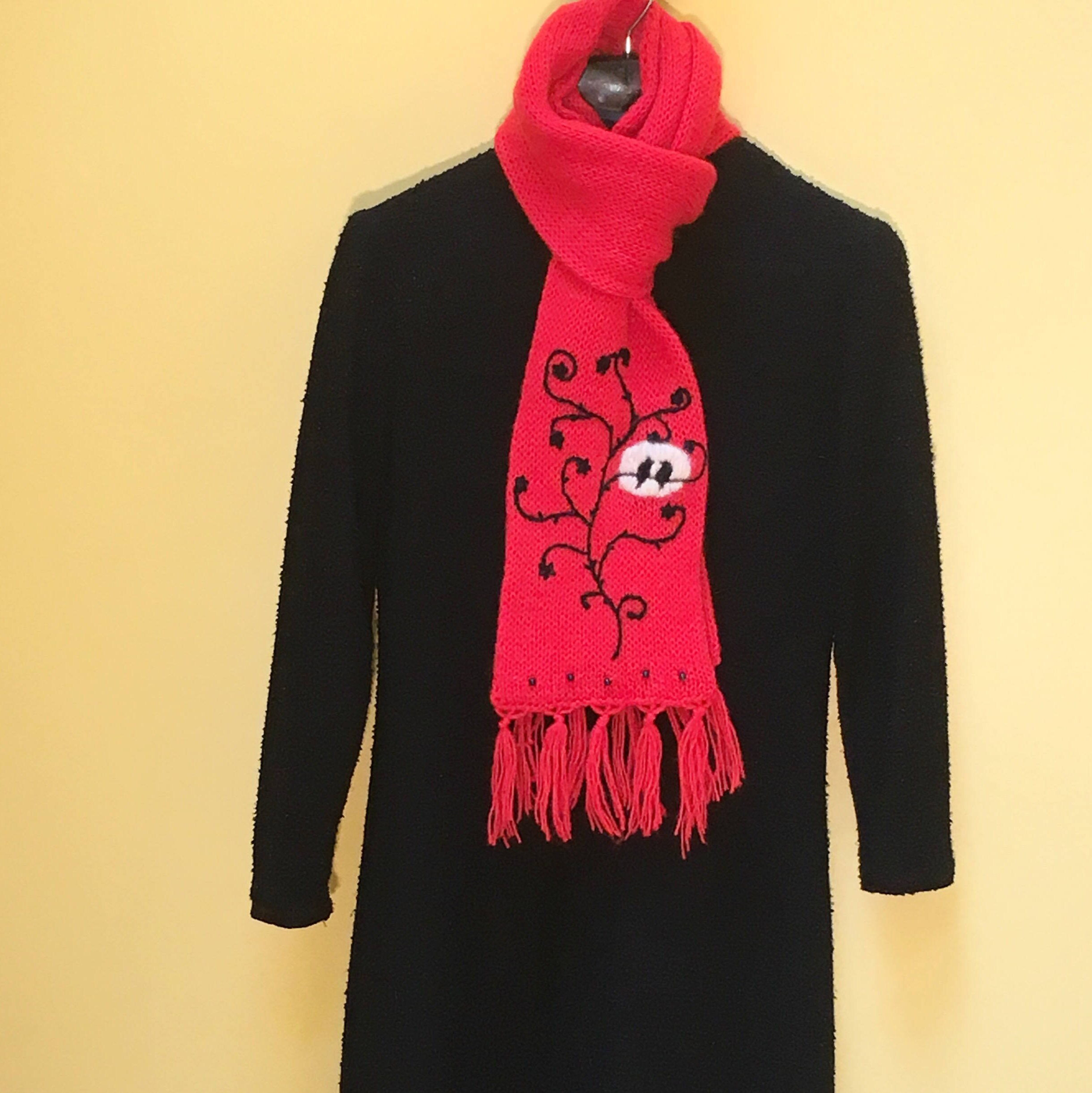 Women's Red Knit Scarf With Embroidered Vines and - Etsy