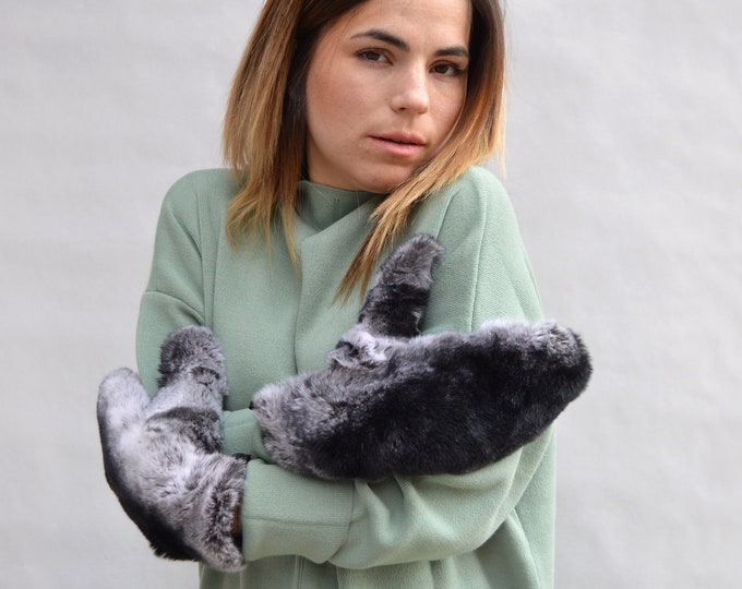 Real Rabbit Fur Mittens in Chinch-style for Adults With Adjustable ...