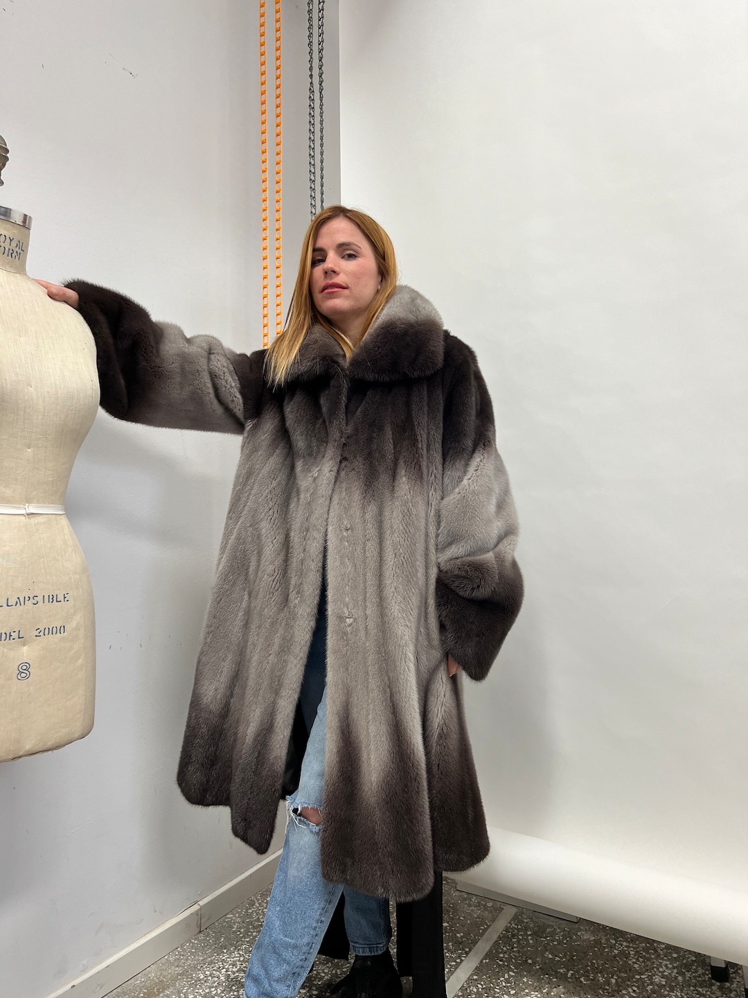 Real Degrade Silver and Graphite Saga Fur Mink Godet Coat in Let Out ...