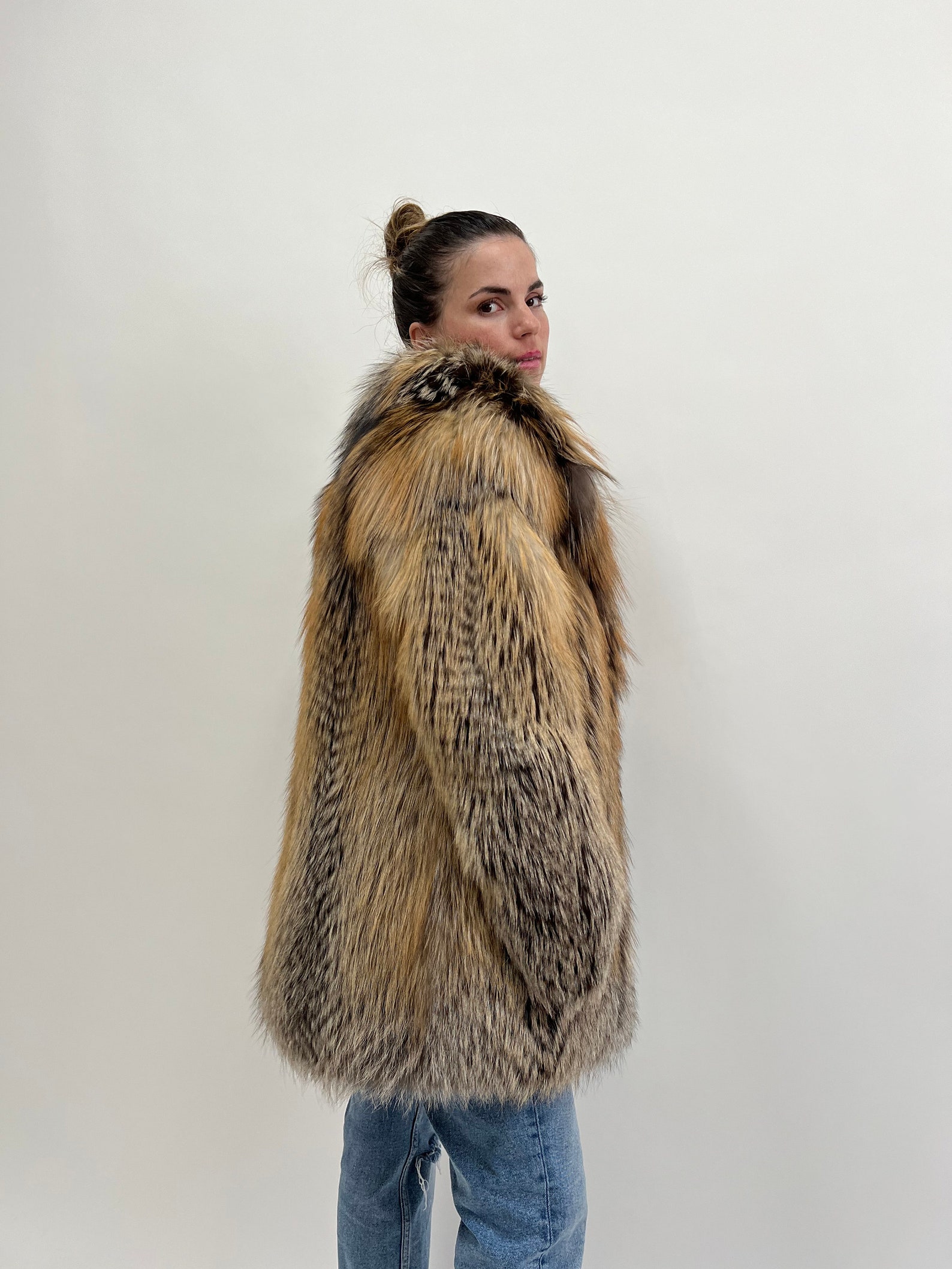 Real Gold Cross Fox Fur Classic Coat With High Collar - Etsy