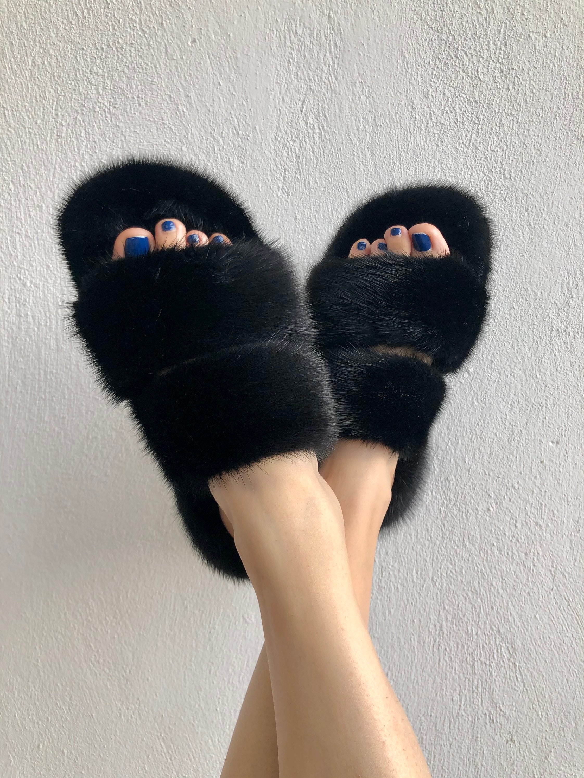 Real Fur Slides in Black Mink Full Skin Rubber Fur Slippon | Etsy