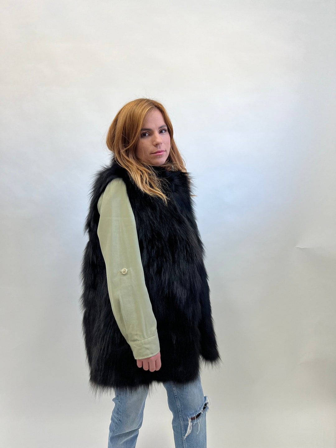 Real Black Fox Fur Everyday Vest. Winter Fur Jacket in Genuine Pelt ...