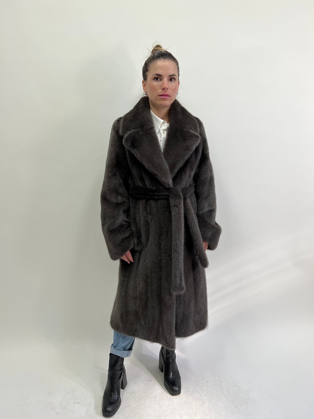 Real Graphite Mink Fur Long Coat: Belted Copenhagen Fur, Handmade - Etsy