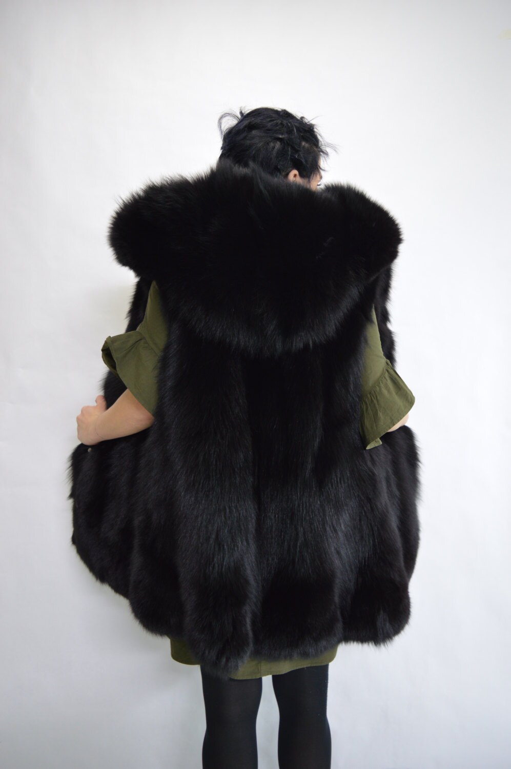 Real Black Fox Half Skin Fur Hooded Vest New Real Fox Fur - Etsy