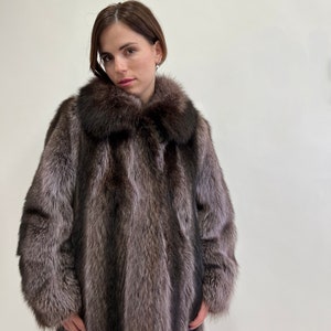 Real Grey Raccoon Fur Coat With Big Collar, Natural Grey Cross Full ...
