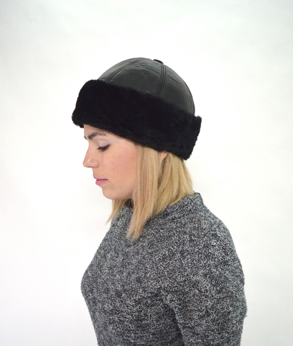 Real Shearling Fur Hat Shearling Fur Hat Black Leather Hat | Etsy
