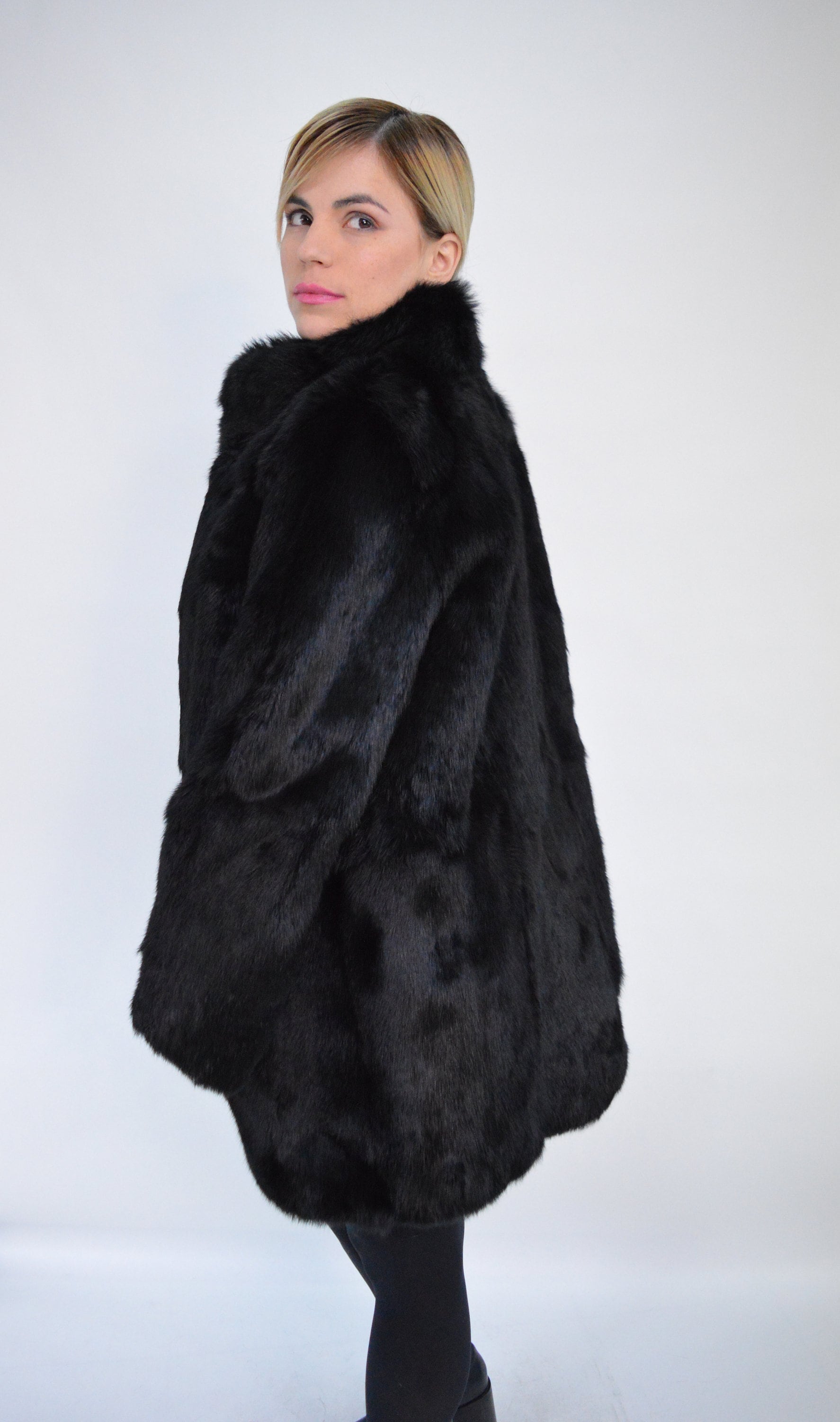 Real Black rabbit full skin fur coat genuine collared fluffy | Etsy