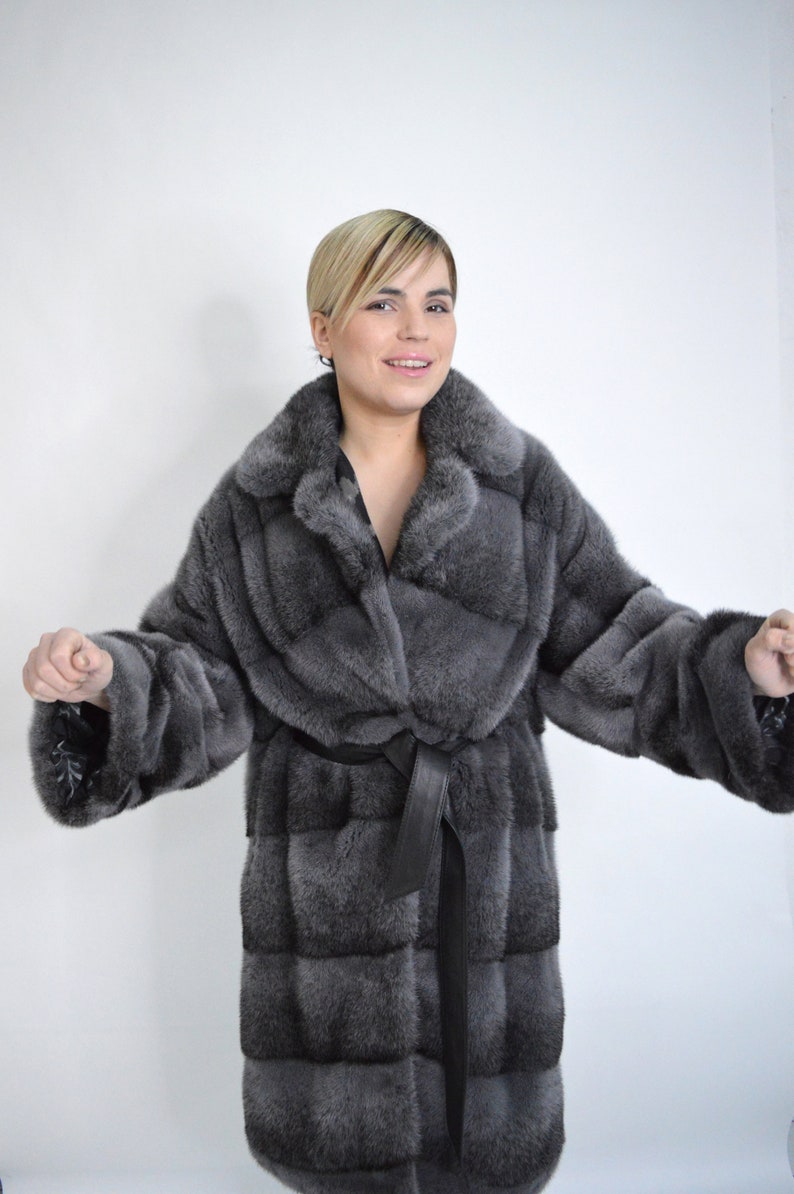 Real Grey Mink Fur Coat Kimono Black Cross Dyedplus Size Mink | Etsy