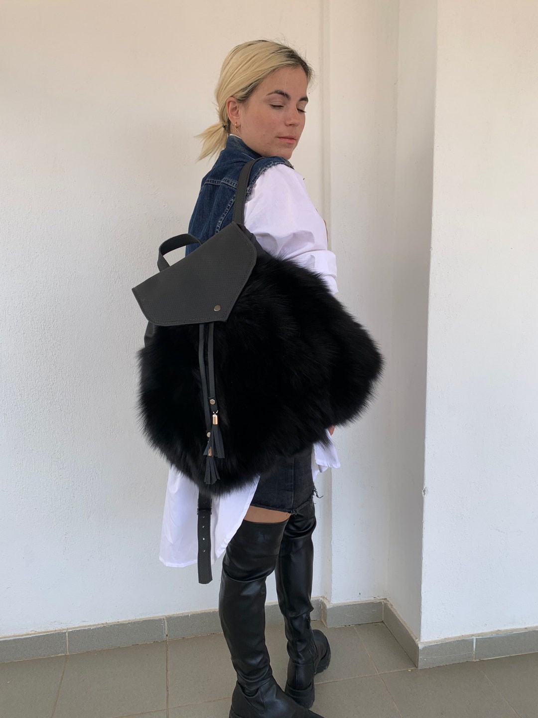 Real Leather Fox Fur Backpack: Black Rucksack With Adjustable Straps - Etsy