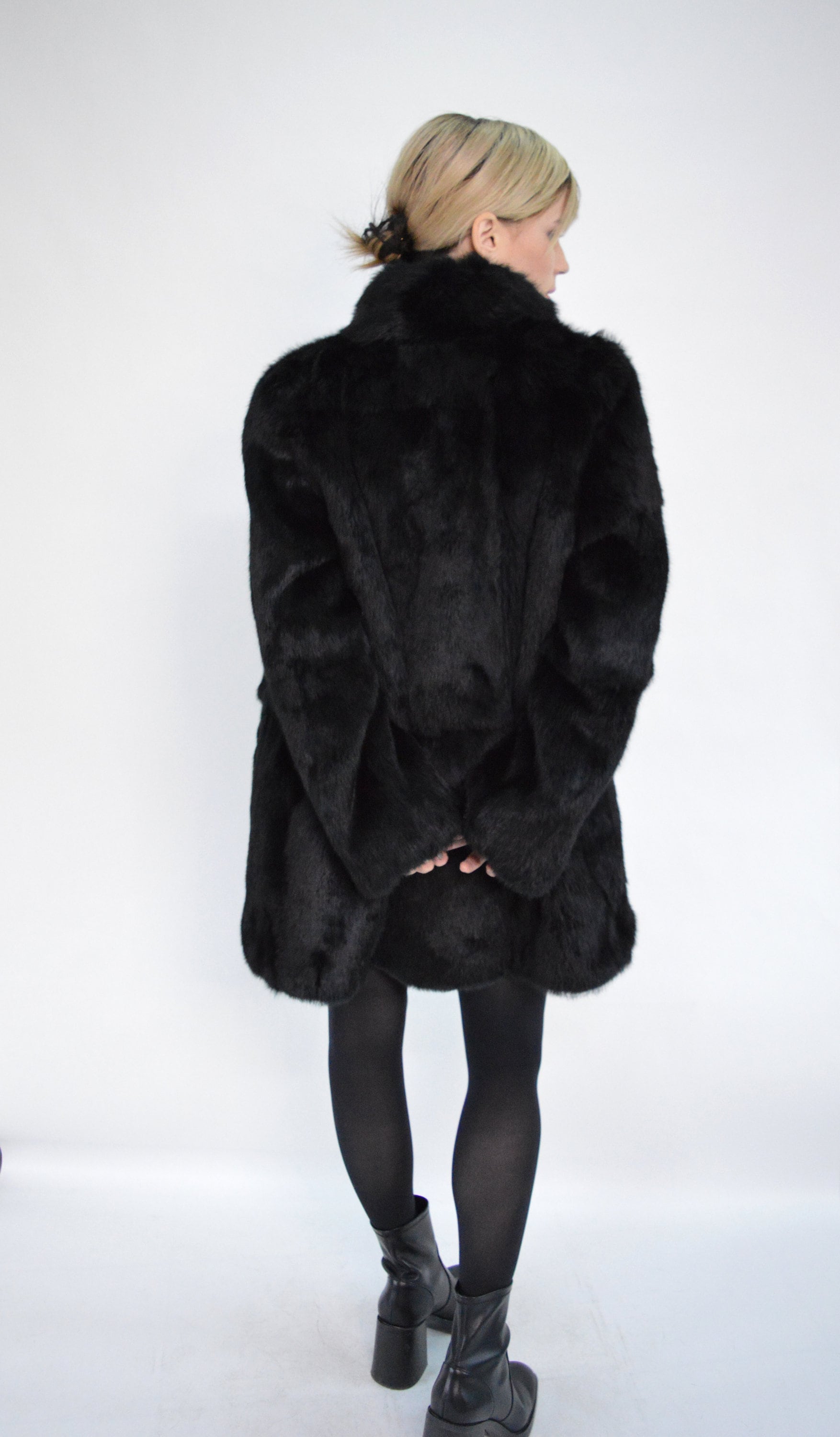 Real Black rabbit full skin fur coat genuine collared fluffy | Etsy