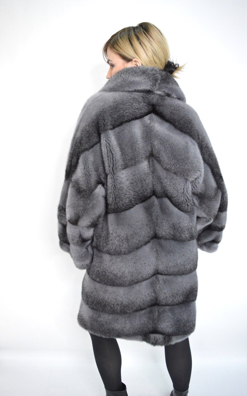 Real Grey Mink Fur Coat Kimono Black Cross Dyedplus Size Mink | Etsy