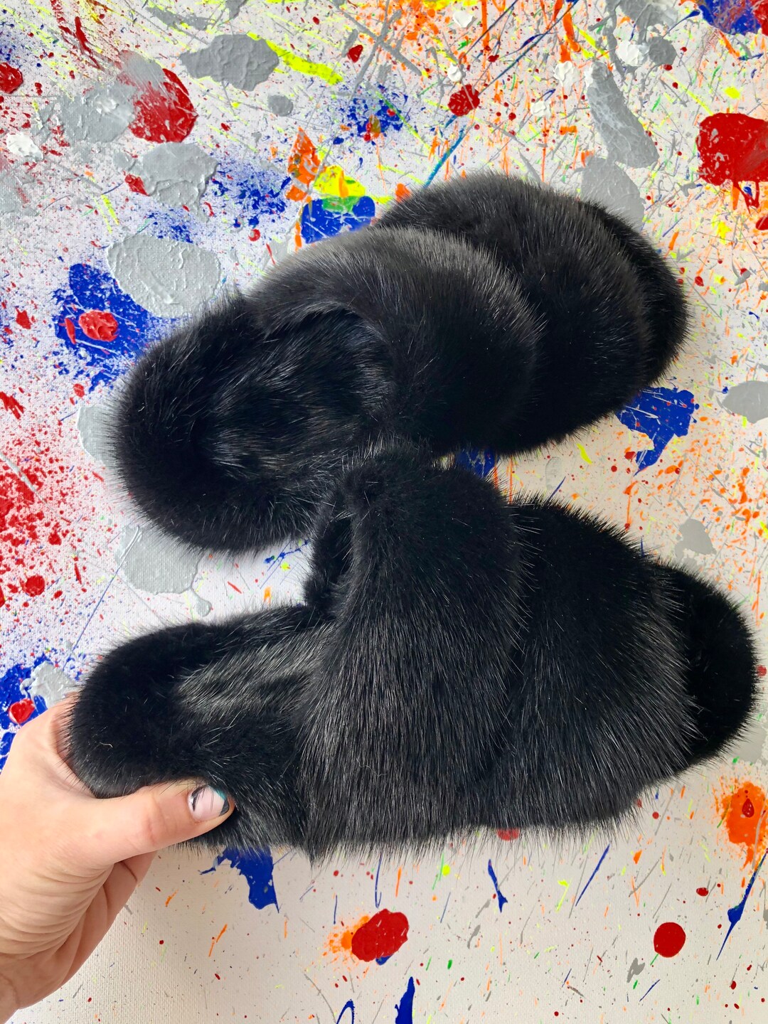 Real Fur Slides in Black Mink Full Skin Rubber Fur Slippon, Supple Mink ...