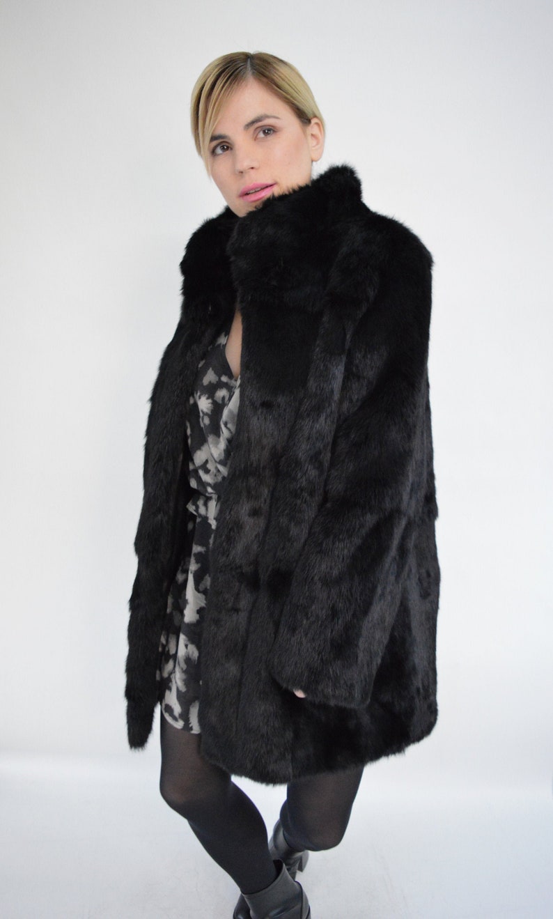 Real Black Rabbit Full Skin Fur Coat Genuine Collared Fluffy - Etsy