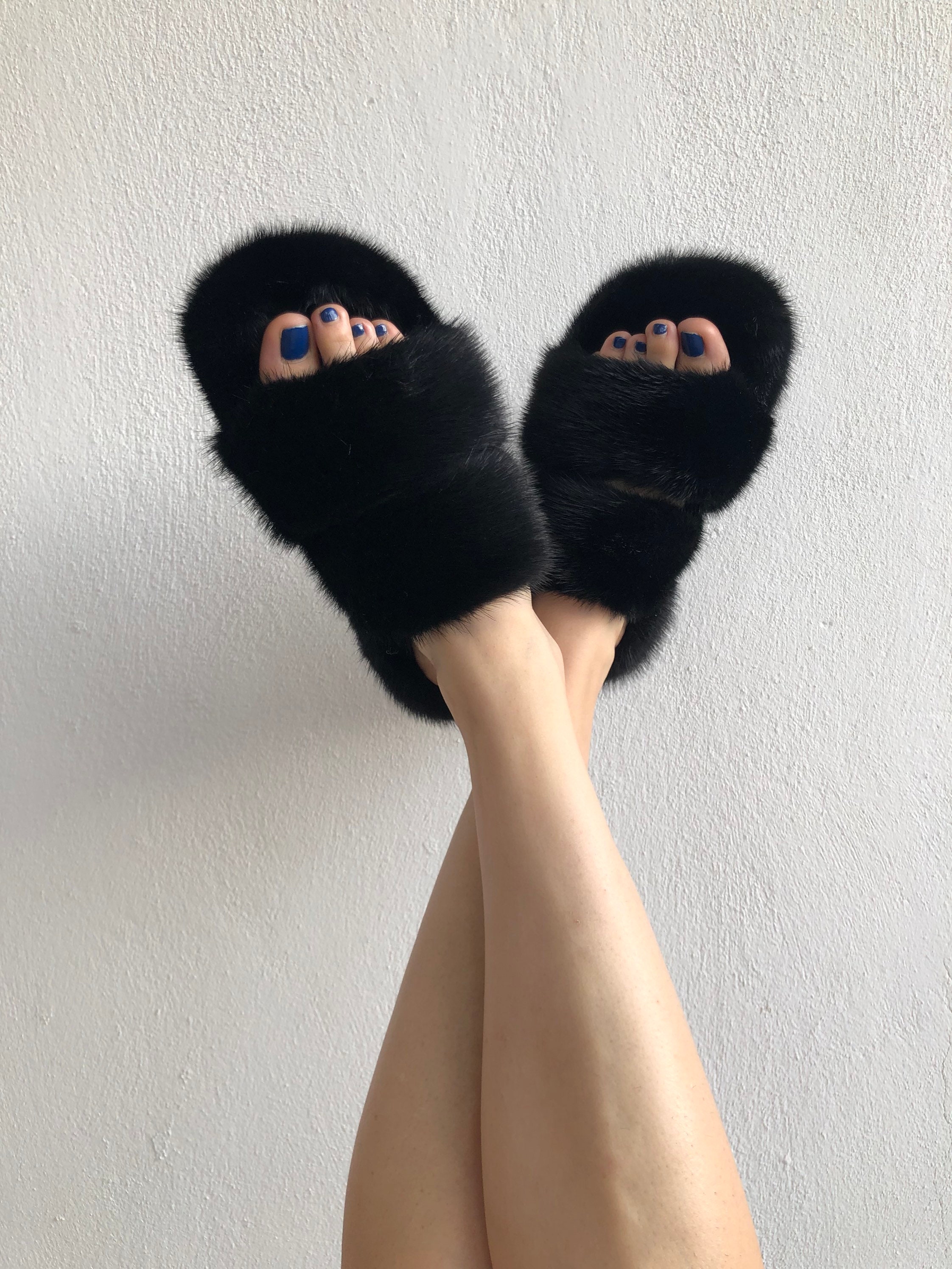 Real Fur Slides in Black Mink Full Skin Rubber Fur Slippon | Etsy