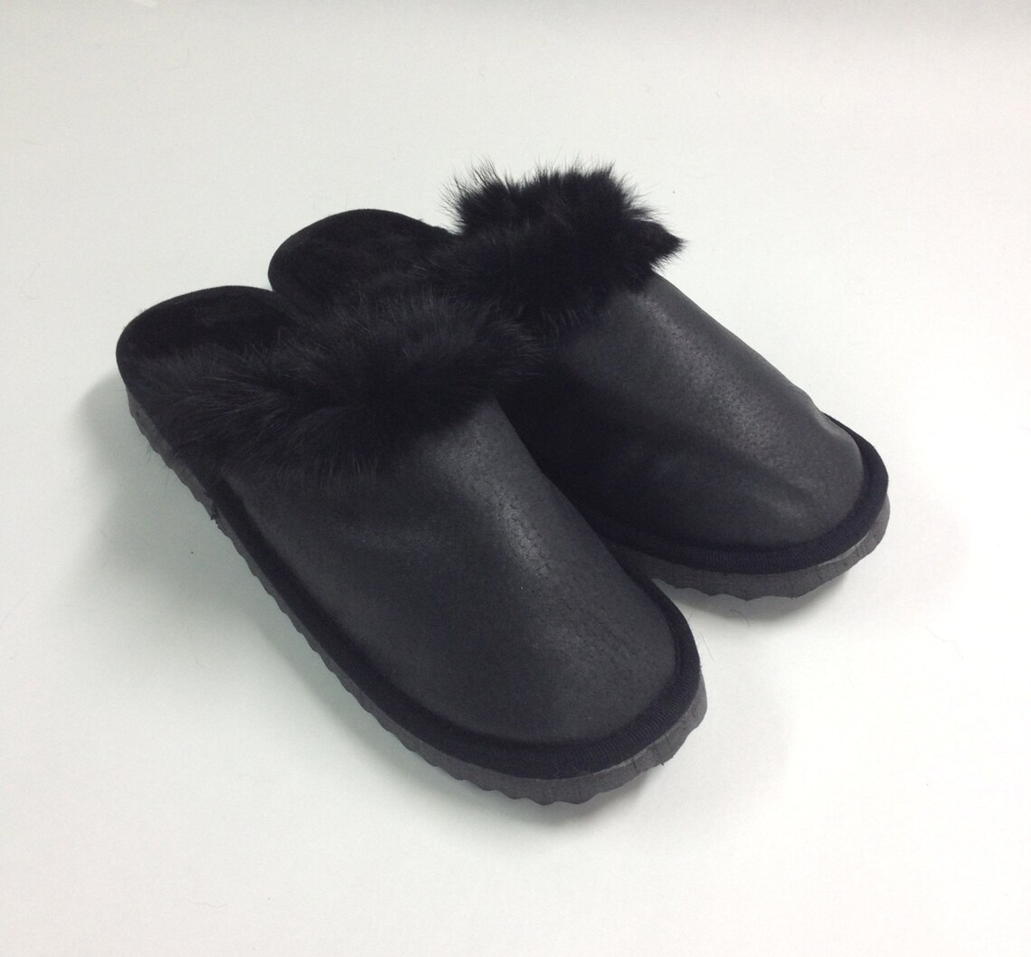 Black Genuine Shearling Slippers for Women. Sheepskin | Etsy