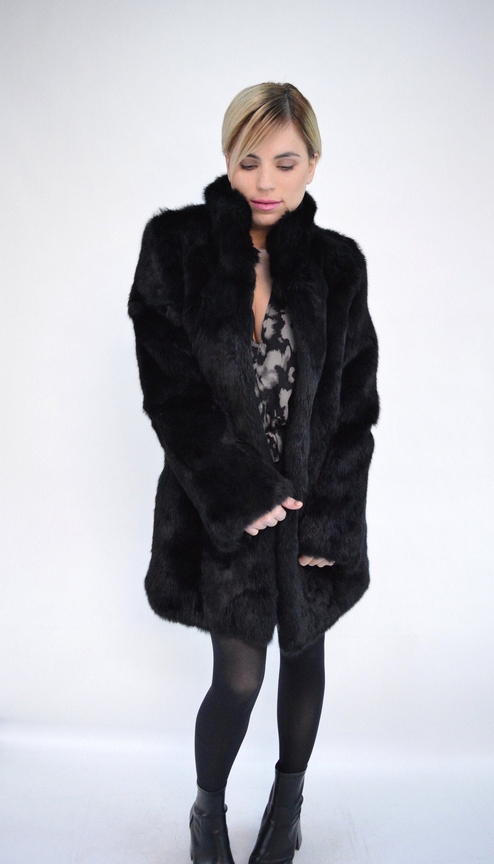 Real Black Rabbit Full Skin Fur Coat Genuine Collared Fluffy - Etsy