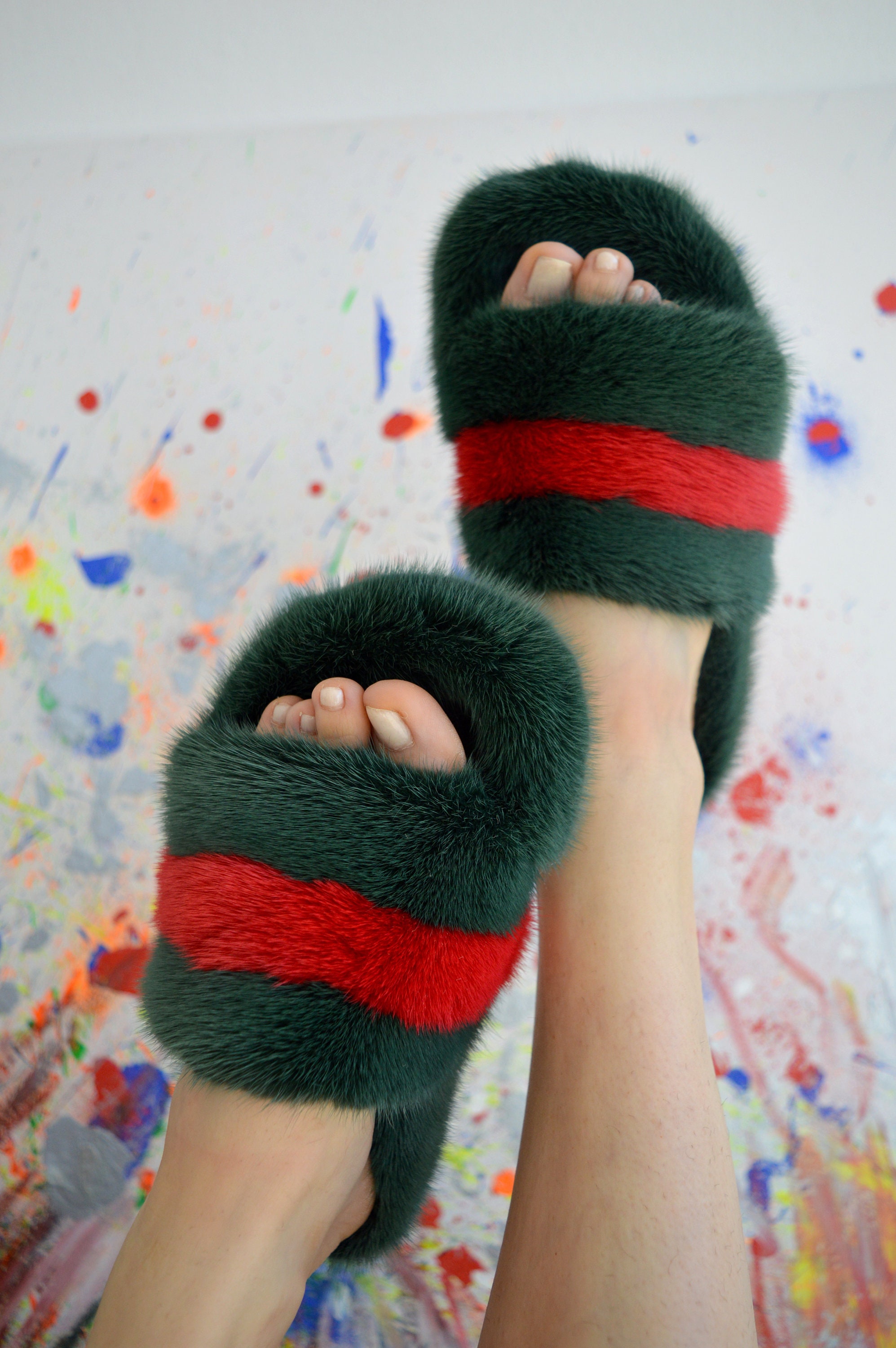 Real Fur Slides in Green-red Two Color Combo in Mink Full Skin | Etsy