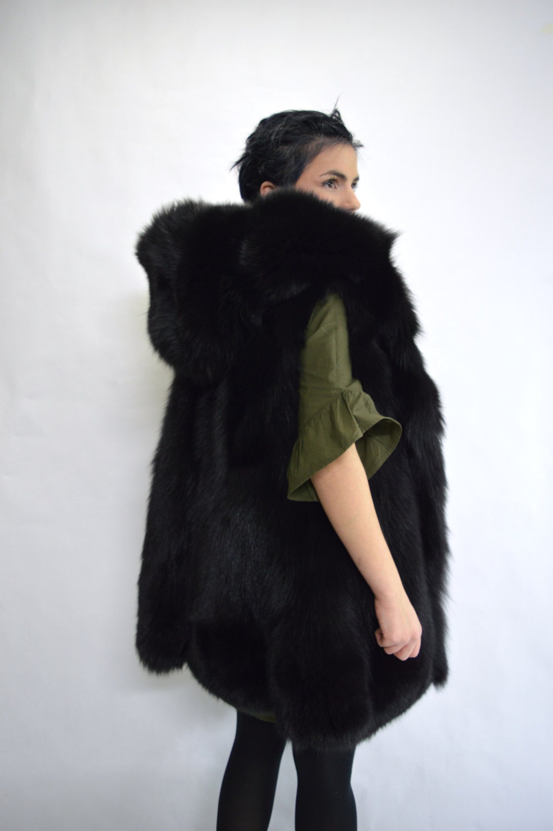 Real Black Fox Half Skin Fur Hooded Vest New Real Fox Fur - Etsy