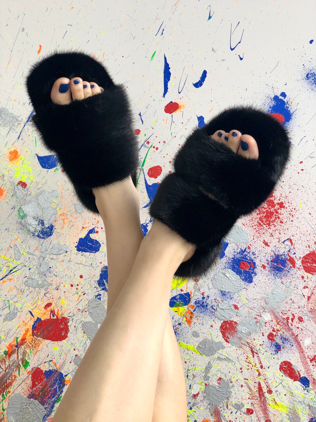 Real Fur Slides in Black Mink Full Skin Rubber Fur Slippon, Supple Mink ...