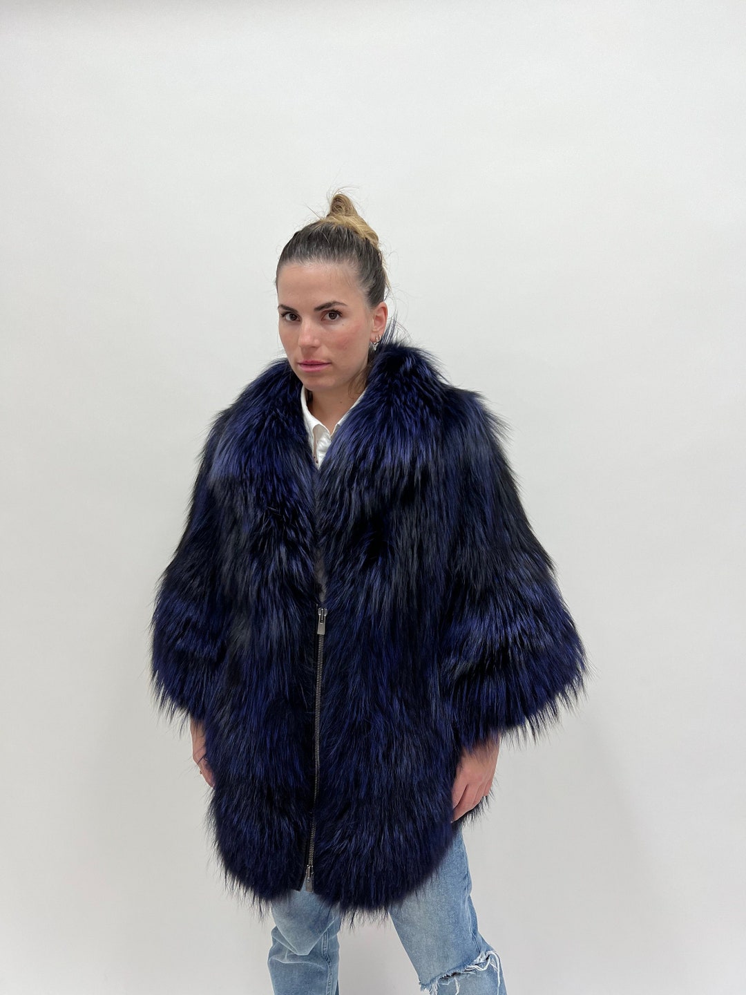 Real Navy Blue Fox Fur Coat: Luxury Women's Stroller, Size Large - Etsy