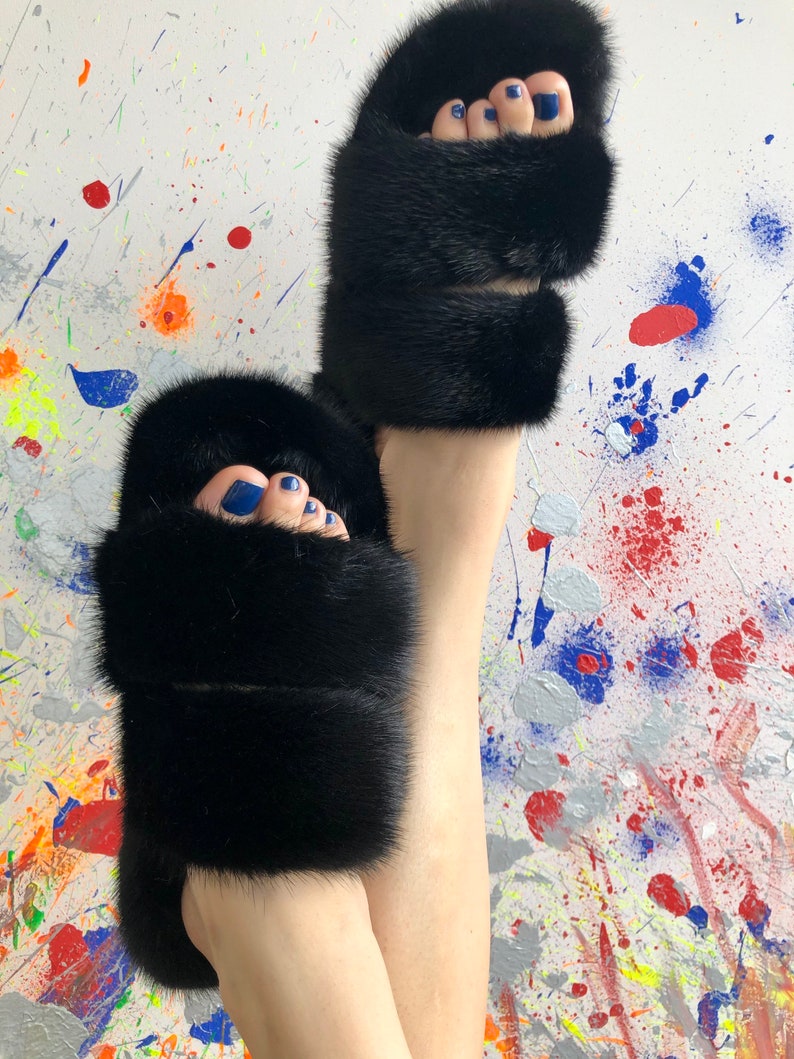 Real Fur Slides in Black Mink Full Skin Rubber Fur Slippon | Etsy