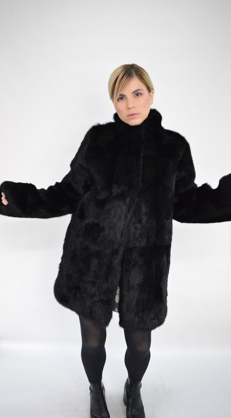 Real Black Rabbit Full Skin Fur Coat Genuine Collared Fluffy | Etsy