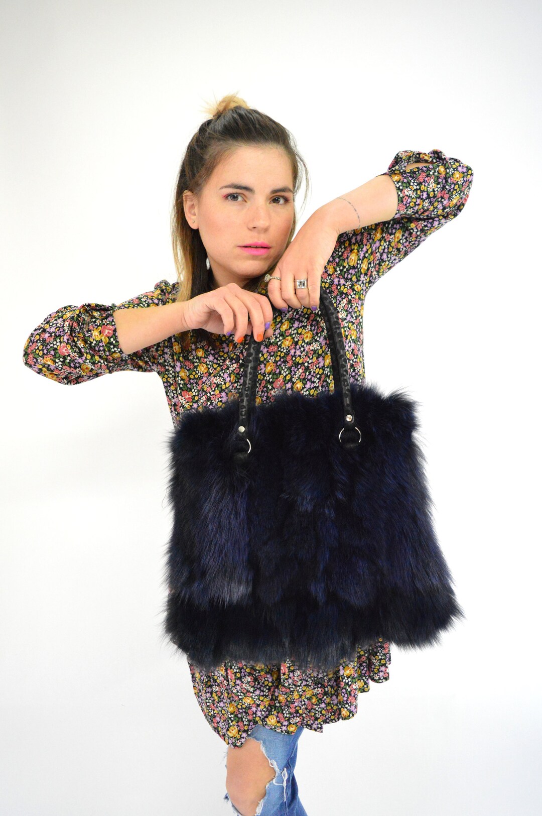 Real Fox Fur Navy Blue Bag With Rabbit Fur and Leather Details. Genuine ...