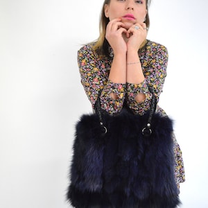 Real Fox Fur Navy Blue Bag With Rabbit Fur and Leather Details. Genuine ...