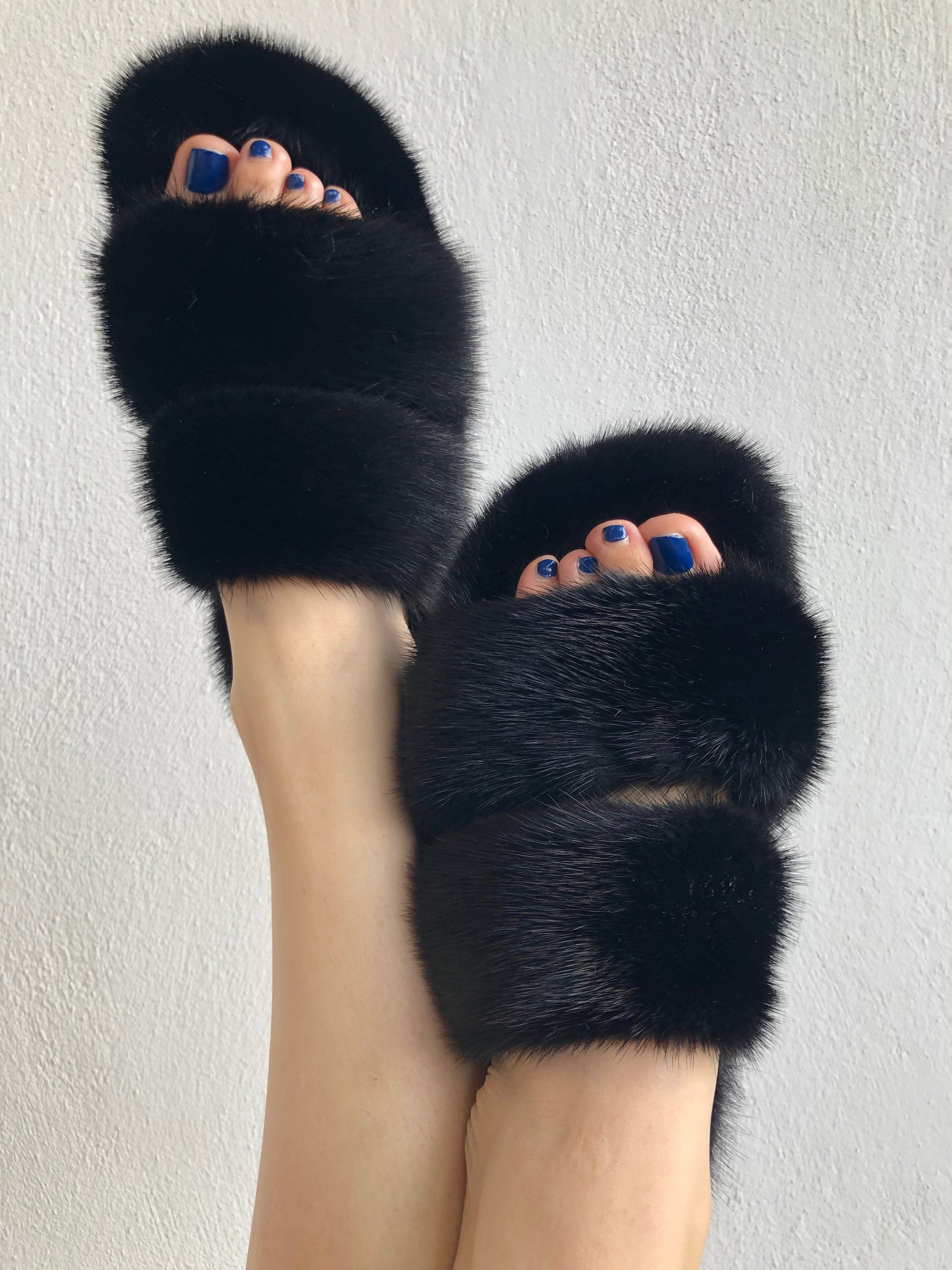 Real Fur Slides in Black Mink Full Skin Rubber Fur Slippon | Etsy
