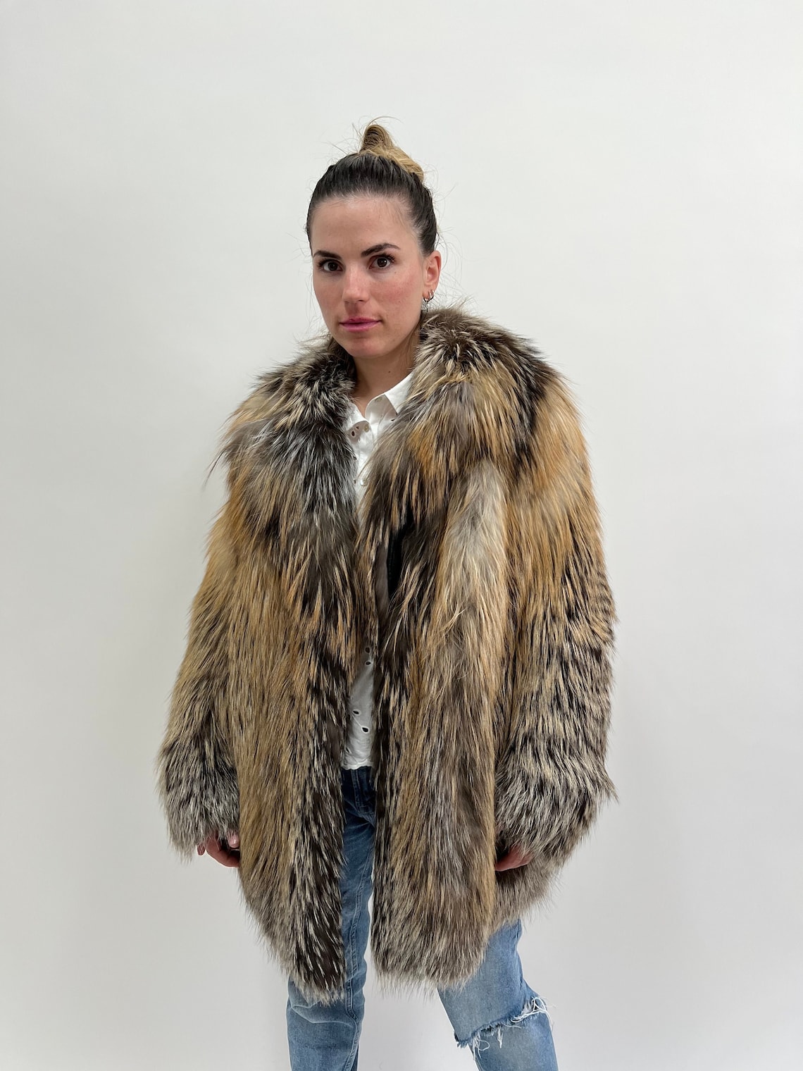 Real Gold Cross Fox Fur Classic Coat With High Collar - Etsy