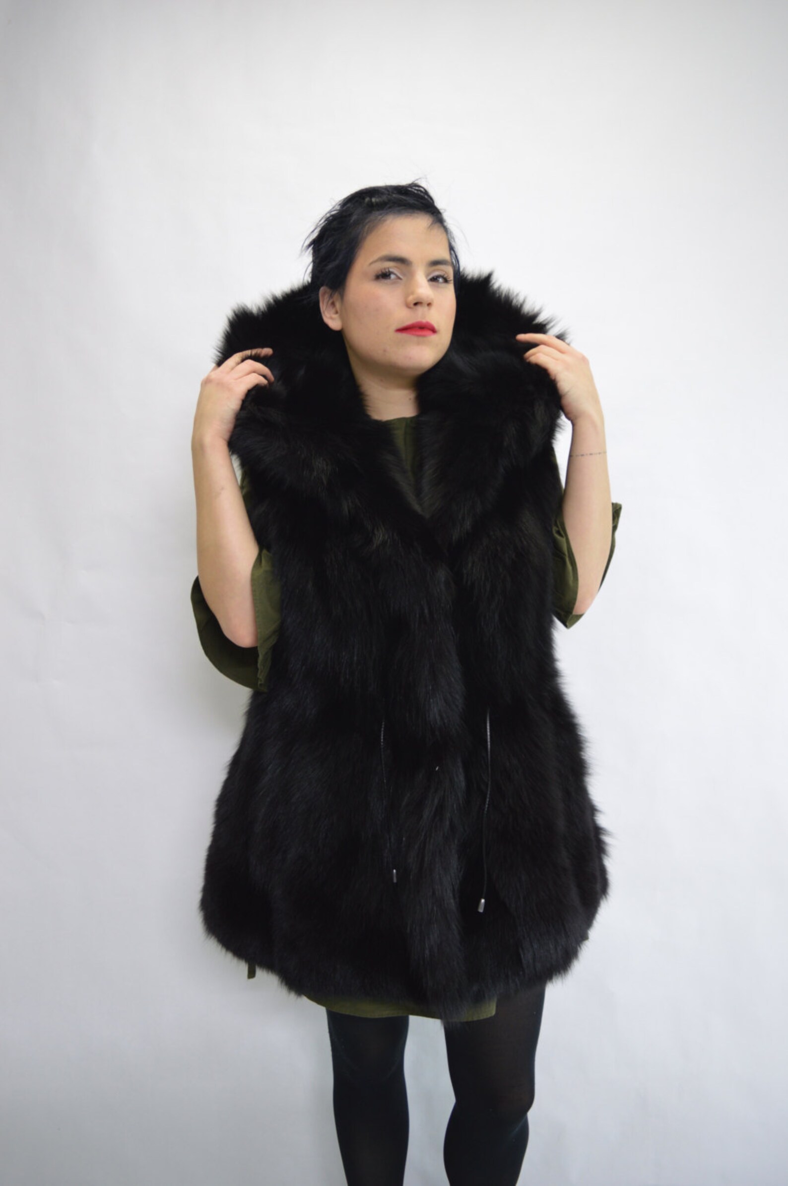 Real Black Fox Half Skin Fur Hooded Vest New Real Fox Fur | Etsy