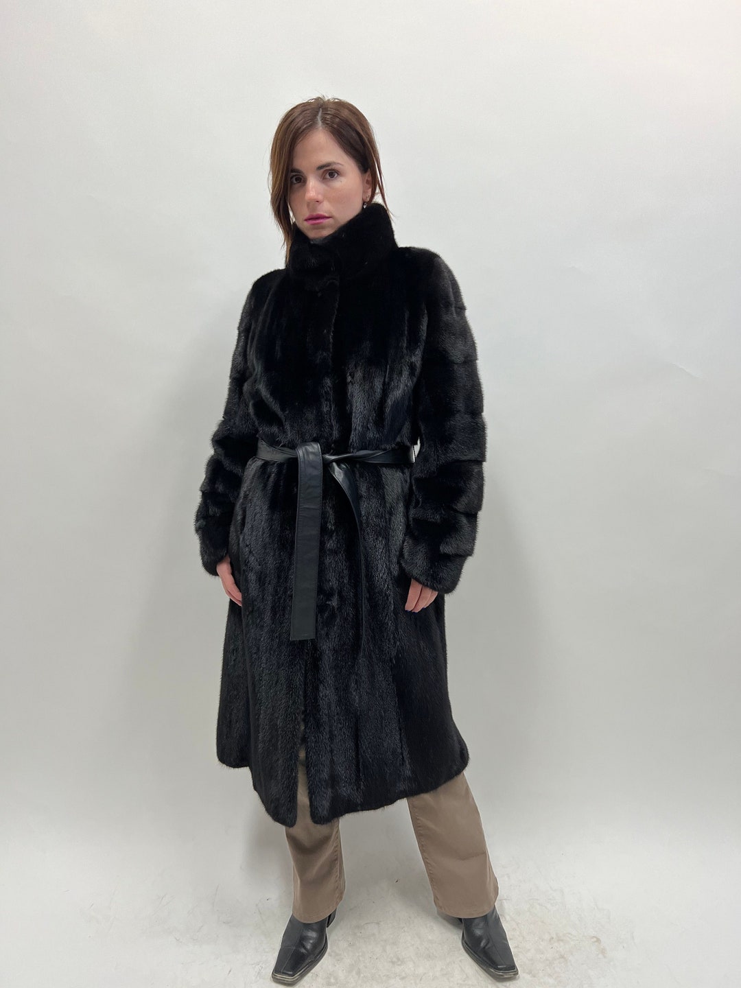 Black Velvet Mink Fur Coat: Nafa Leather Belt, Handmade in Greece - Etsy