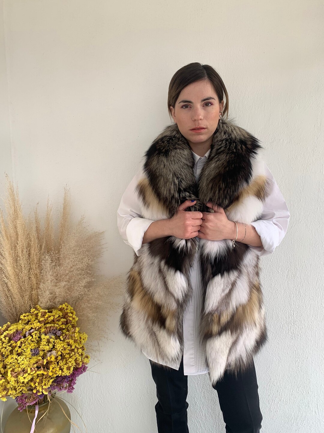 Real Three-colors Fox Fur Collared Vest, With Platinum, Silver Fox and ...