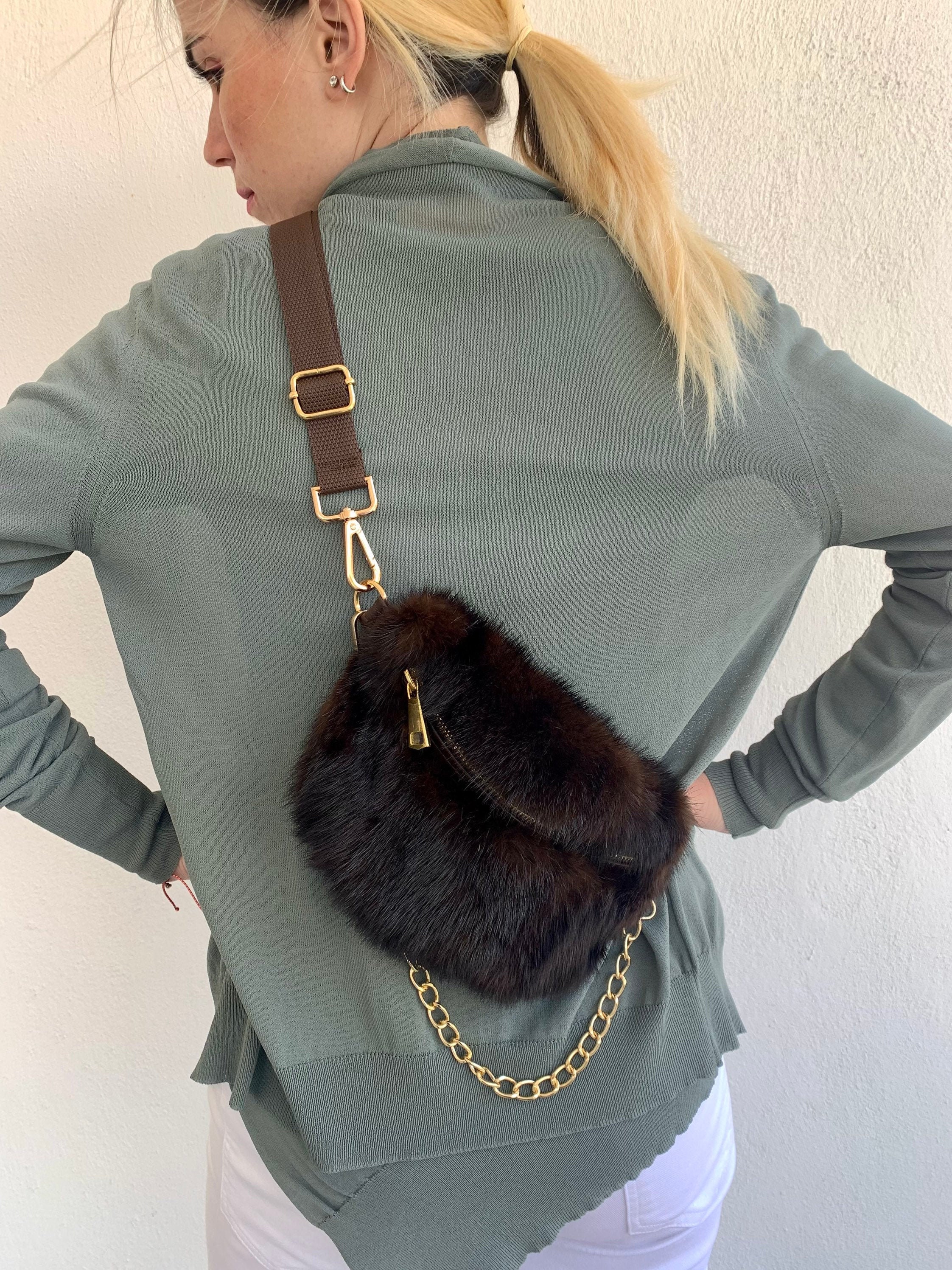 Real Mink Fur Bumbag: Brown Fanny Pack With Chain - Etsy