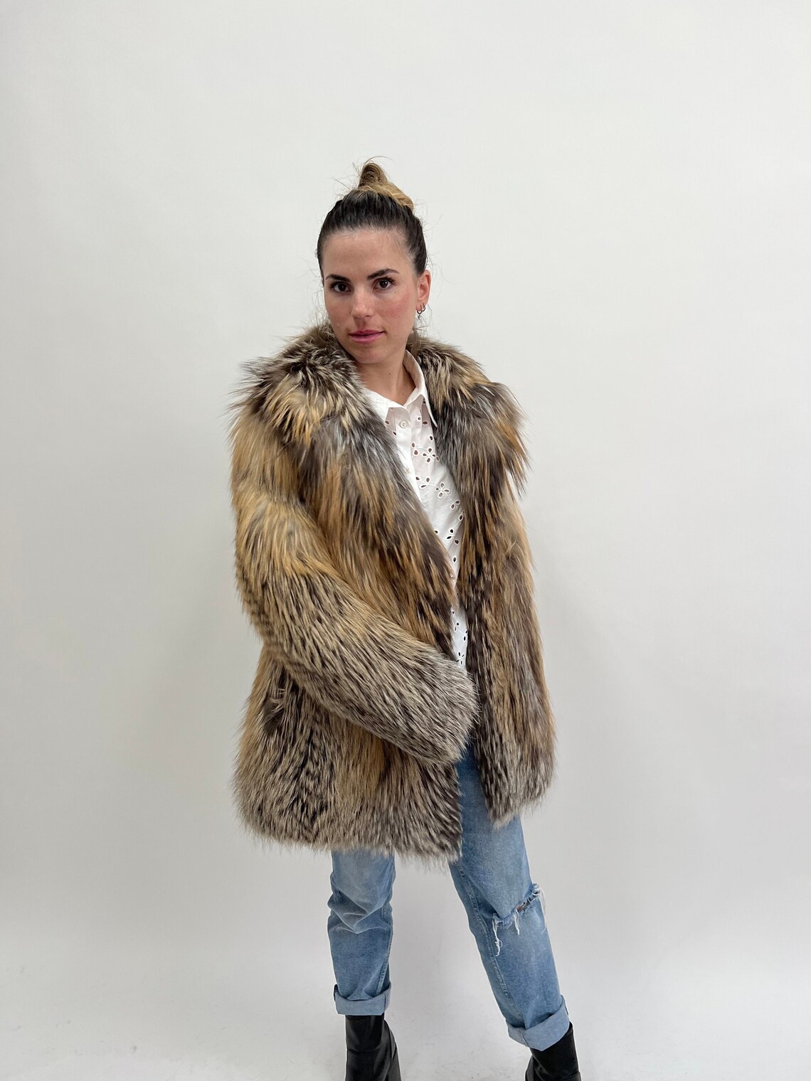 Real Gold Cross Fox Fur Classic Coat With High Collar - Etsy