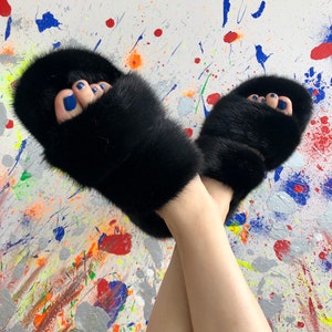 Real Fur Slides in Black Mink Full Skin Rubber Fur Slippon, Supple Mink ...