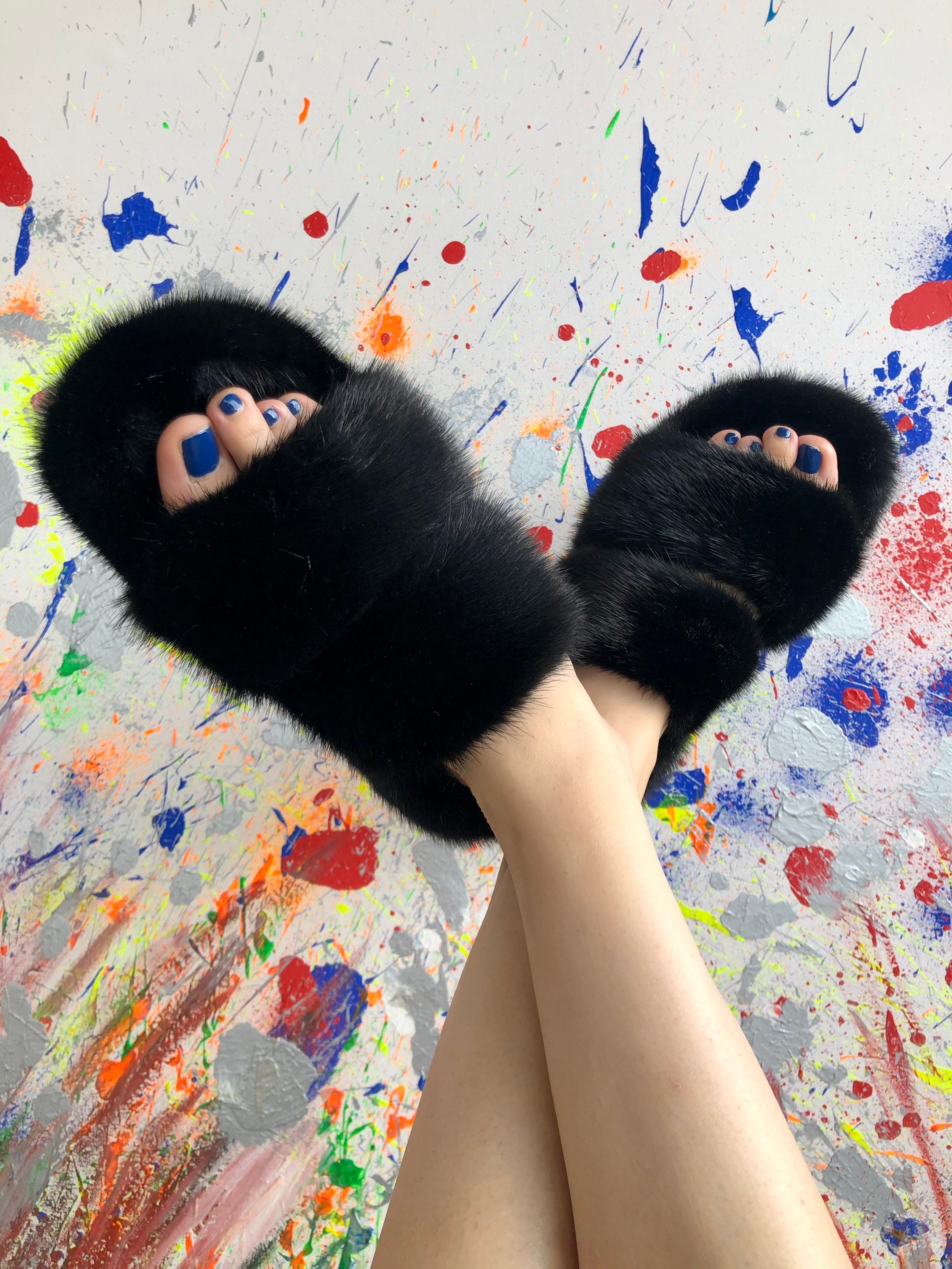 Real Fur Slides in Black Mink Full Skin Rubber Fur Slippon | Etsy