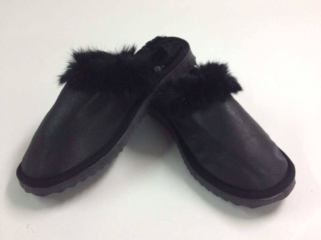 Black Genuine Shearling Slippers for Women. Sheepskin Slippers, Fur ...