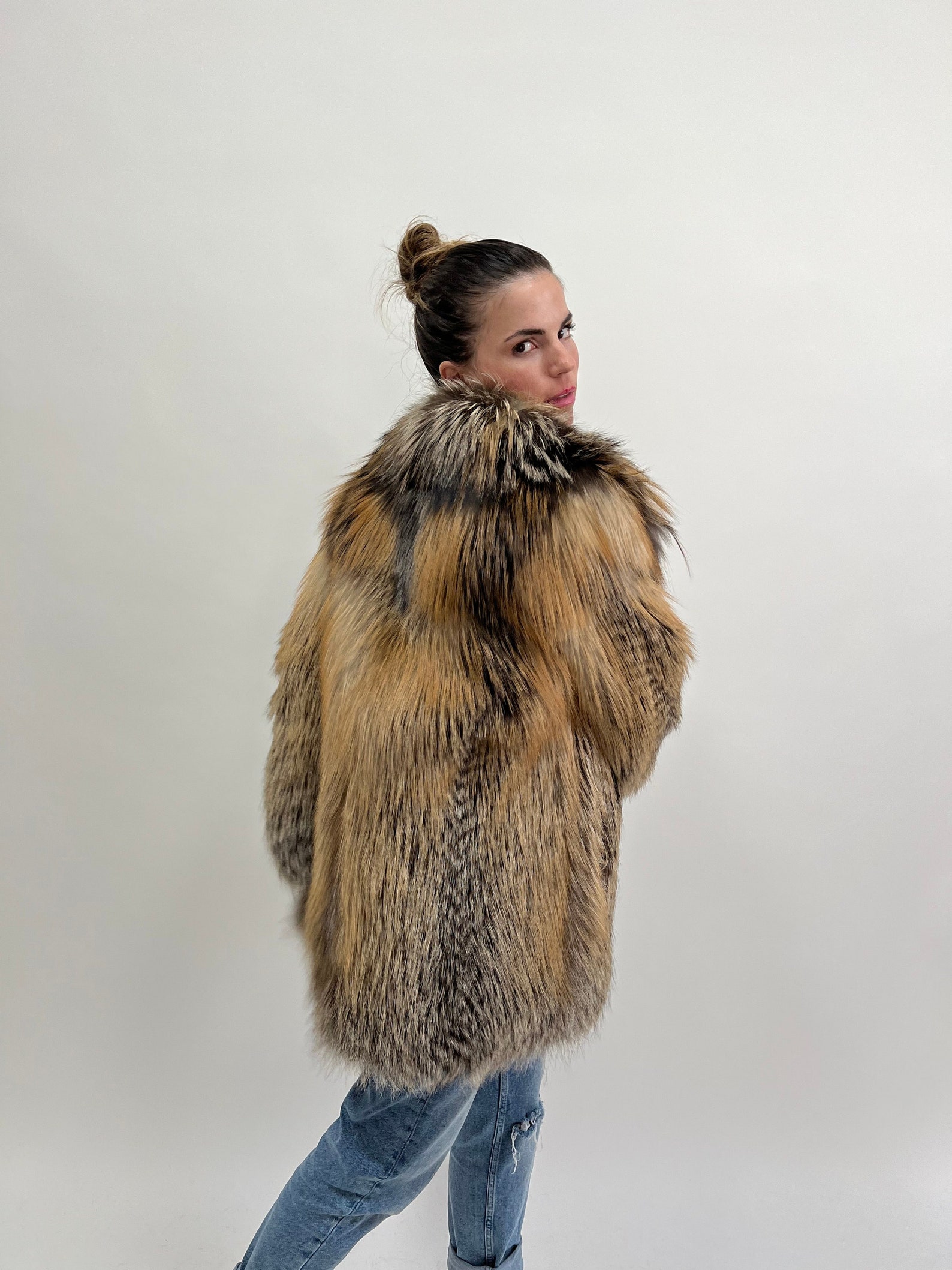 Real Gold Cross Fox Fur Classic Coat With High Collar - Etsy