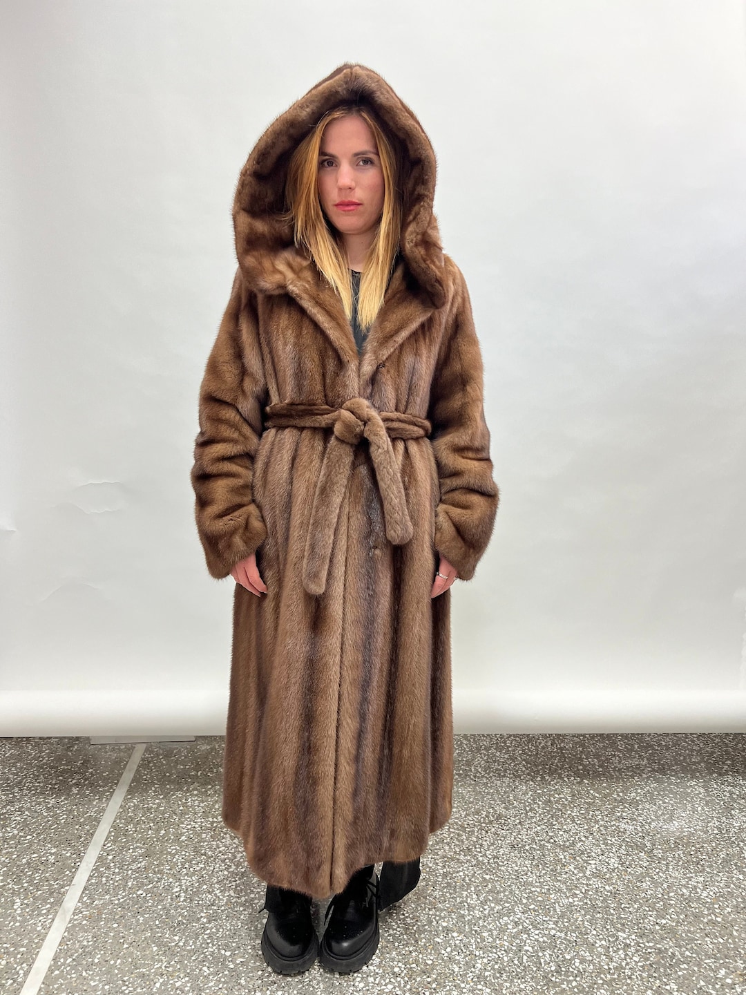 Handmade Brown Mink Fur Hooded Coat - Demi Buff Pelts, Made in Greece ...