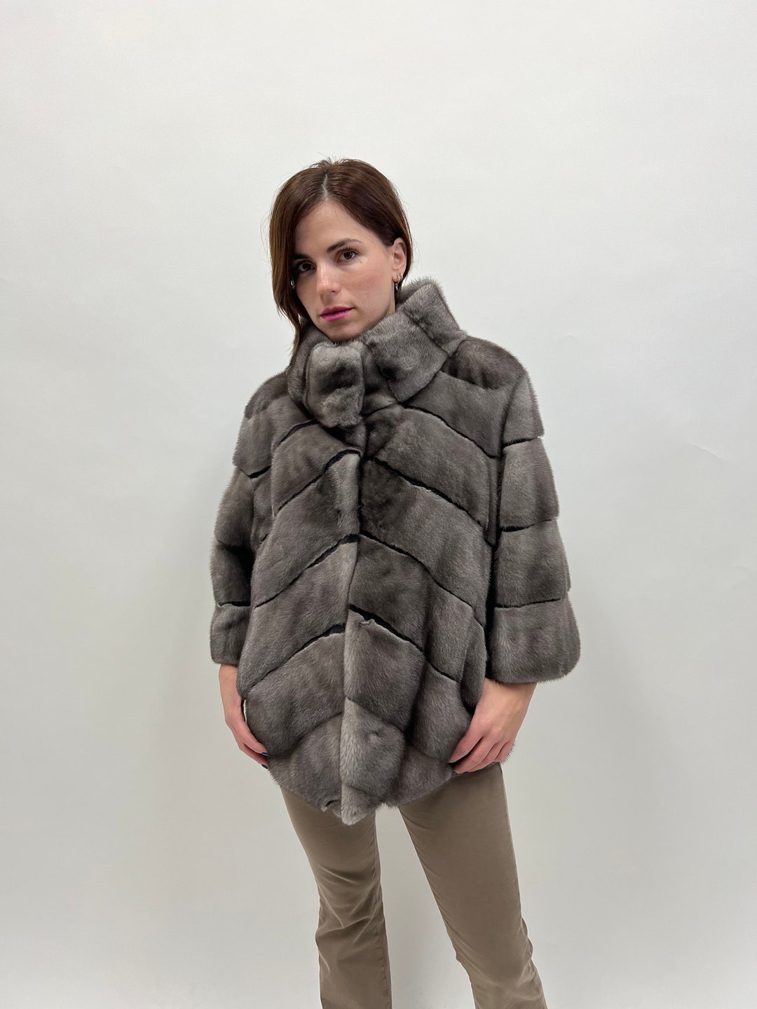 Real Blue Iris Mink Fur Coat Diagonal With Black Sheared Fur Stripe ...
