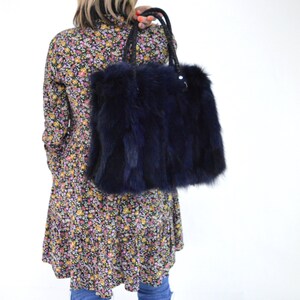 Real Fox Fur Navy Blue Bag With Rabbit Fur and Leather Details. Genuine ...