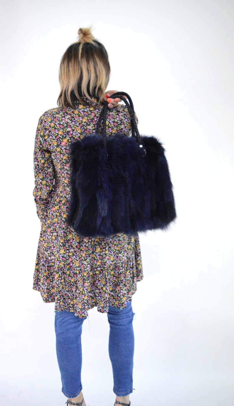 Real Fox Fur Navy Blue Bag With Rabbit Fur and Leather - Etsy