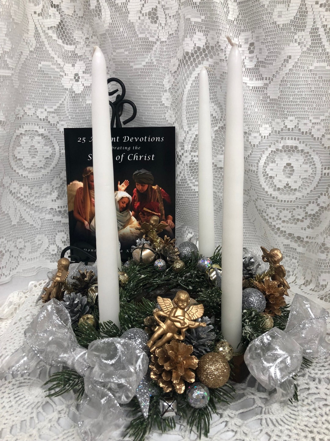 59 Silver and Gold Elegant Angel Christmas Advent Wreath Taper Candle ...